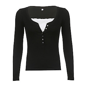 Fairy Grunge Shirts for Women Y2K Tops Long Sleeve Lace Patchwork Tees Teen Girls Vintage Slim Blouse Fall Clothes (A Black, S)