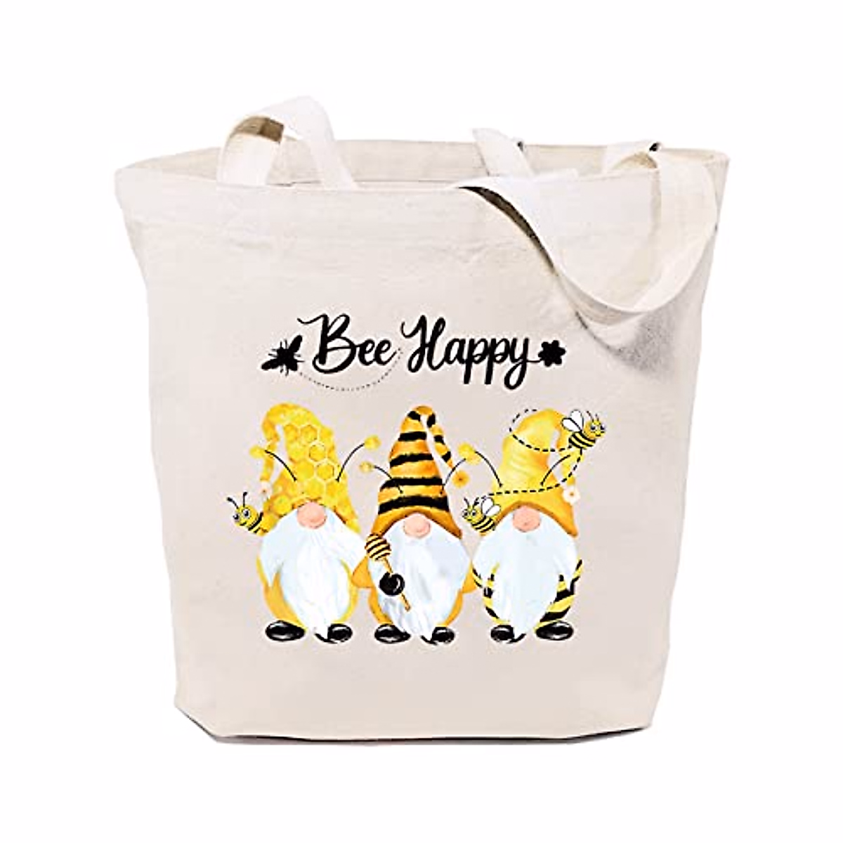 GXVUIS Bee Happy Canvas Tote Bag for Women Cute Gnomes Reusable Travel Grocery Shoulder Shopping Bags Girls Funny Gifts White