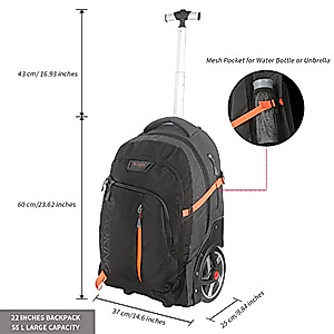 AOKING 22 Inches Water-resistant Large Wheeled Rolling Backpack for Business, College Student and Travel Commuter, Carry-on Laptop Backpack, Travel Luggage, Wheeled Adult Backpack (22 Inches, Black)