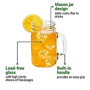 Restaurantware 16 Ounce Mason Jars With Handle 10 Dishwasher Safe Mason Jar Mugs - Scratch Resistant Lead Free Clear Glass Drinking Glass Jars For Cocktails Sodas Shakes Or Juices