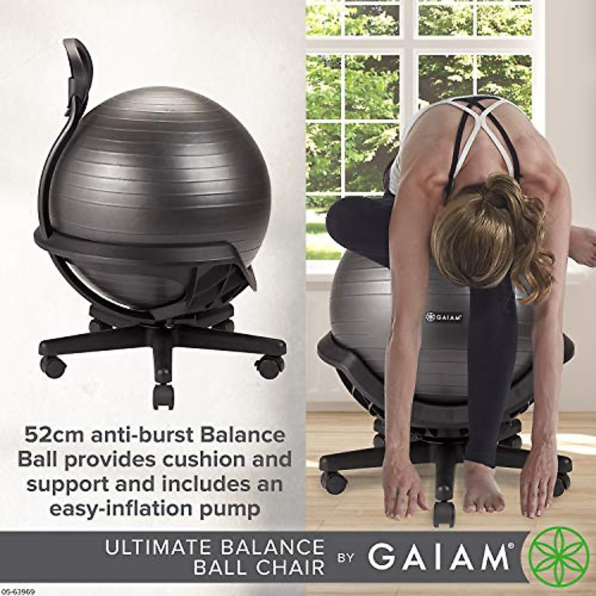 Gaiam Ultimate Balance Ball Chair with Swivel Base - Premium Exercise Stability Yoga Ball Ergonomic Chair for Home and Office Desk - Air Pump, Exercise Guide