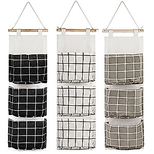 3Pcs Wall Closet Hanging Storage Bag, AUHOKY Premium Linen Fabric Over The Door Organizer, Hanging Storage Pouches with 3 Pockets for Bedroom Bathroom - Waterproof & Stylish (Black/Gray/White)