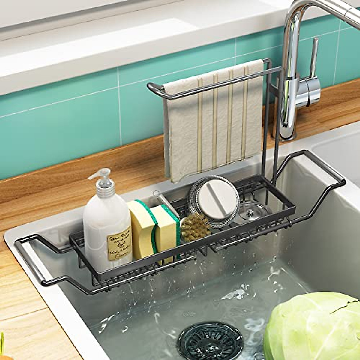Sponge Holder for Kitchen Sink Telescopic Sink Storage Rack, Expandable for Sponge Brush Soap Dish Cloth Rag 16.7" to 21.3"(201 Stainless Steel) (201Black)