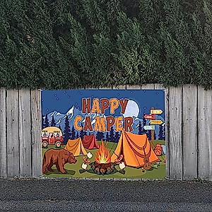 LLMSIX Camping Background, 5×3FT Happy Camper Banner Cartoon Forest Animal Campfire Background Camping Photo Backdrop Camping Themed Party Decoration Children Birthday Party Photo Props