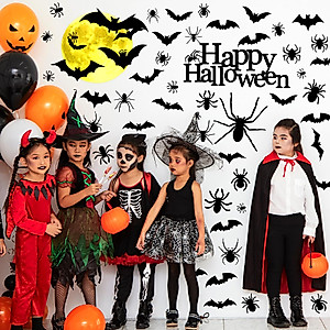 Qeeenar 76 Pcs Halloween Moon Wall Decal Halloween Bat Wall Stickers Vinyl Bat Wall Decals Halloween Removable Halloween Spiders Wall Sticker Halloween Bats Wall Decals Party Decorations, 6 Sheets