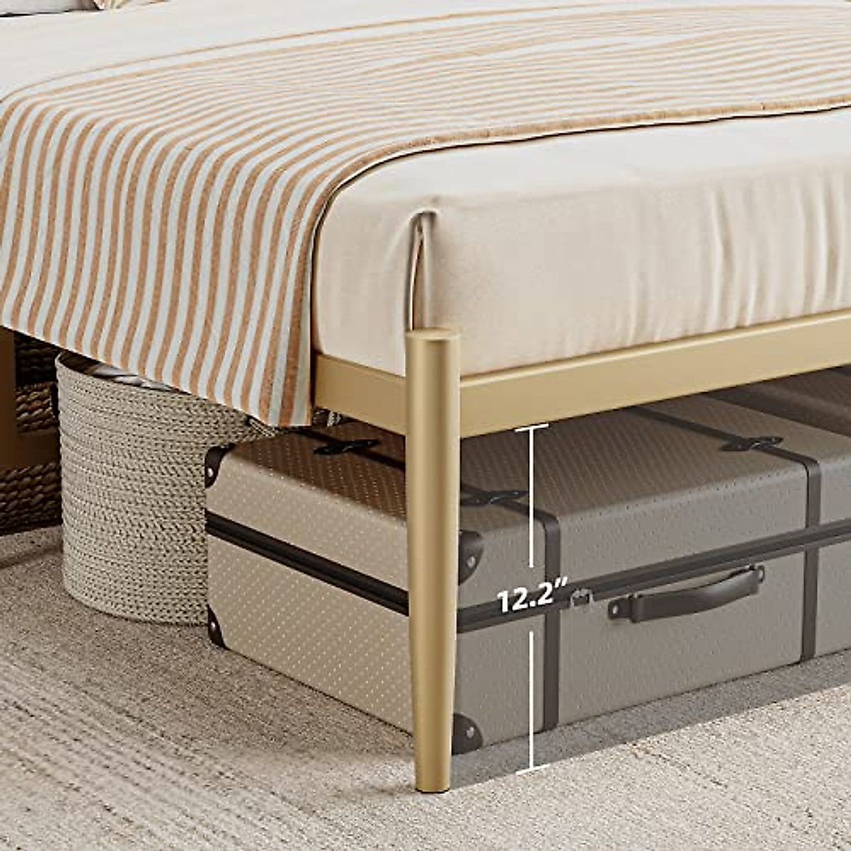 Amyove Gold Bed Frame Full Size Bed Frame with Modern Headboard, Platform Bed 14 Inches Metal Mattress Foundation for Storage, No Box Spring Needed, Easy Assembly, Gold