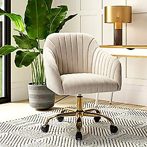 HULALA HOME Velvet Home Office Desk Chair, Modern Cute Computer Task Chair, Wheels Swivel Height Adjustable Upholstered Vanity Chair for Women, Girls (Gold Base, Tan)