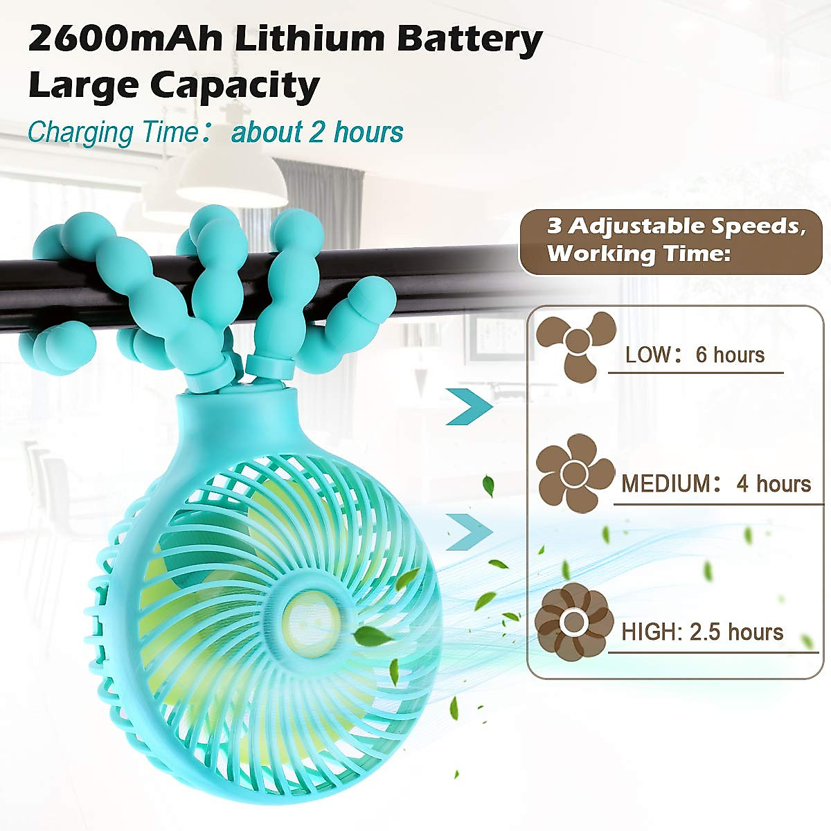 OPOLEMIN Fan for Stroller, Portable Car Fan Baby with Flexible Tripod, Baby Fan Car Seat, USB or Battery Powered Fan Carseat Baby, Portable Stroller Fan Clip On for Baby, Fan for Peloton Bike