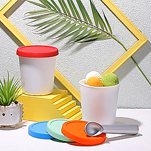 Ice Cream Containers 5 Pack 1Qt Freezer Storage Tubs with Silicone Lids and Spoon for Homemade Ice Cream for Homemade Ice Cream, Sorbet Dishwasher Safe (Blue, Red, Green, Orange)