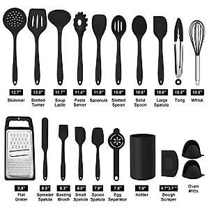 Homikit 20 Pieces Kitchen Utensils Sets with Holder, Black Silicone Cooking Utensil Heat Resistant, Nonstick Cooking Tools Include Spatula Spoon Turner Ladle Tong Whisk Grater, Dishwasher Safe