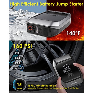 Portable Car Jump Starter with Air Compressor,160PSI Digital Tire Inflator & 8000mAh Battery Booster for 3.5L Gas Engine/4.0L Diesel Engine 12V Car Lithium Battery Safe Jump Box Pack Power Charger