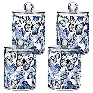 SDMKA 2 Pack Apothecary Jars Bathroom Blue Butterfly Qtip Holder Dispenser Clear Plastic Storage Canister Jar with Lid for Cotton Ball, Cotton Swab