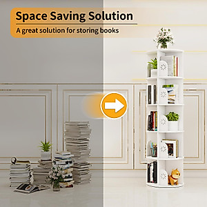 Hestiasko 5 Tier Rotating Bookshelf, 360 Rotating Bookcase, Spinning Bookshelf Tower for Kids & Adults, Corner Bookshelf for Small Space, Revolving Bookcase for Bedroom, Living Room, White