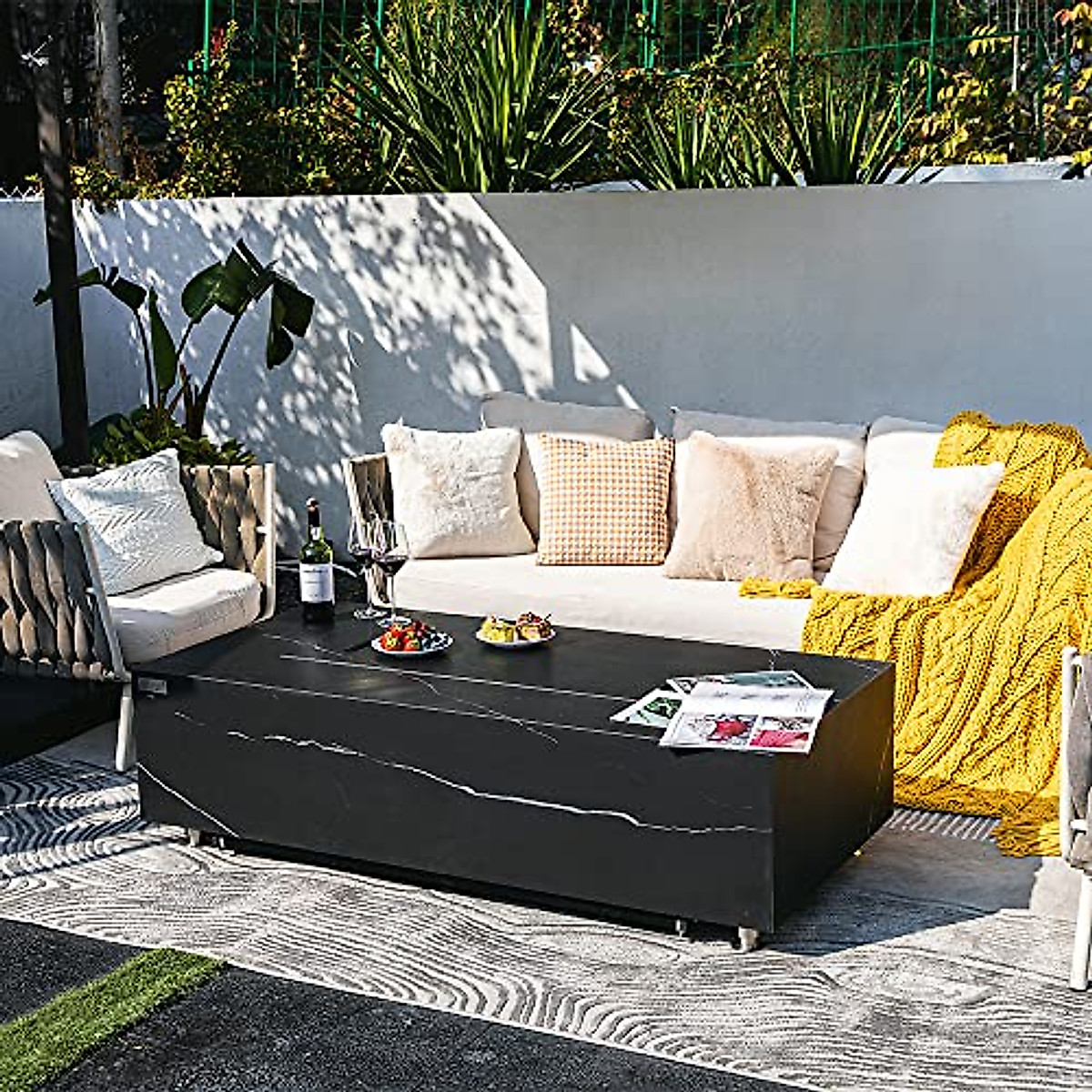 Varna Marble Fire Pit 59.8" x 28" Outdoor Patio Firepit Includes Fire Glass Modern Fire Pits & Outdoor Fireplaces for Garden, Deck, Indoor & Outdoor Heating