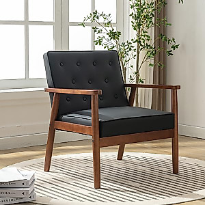 JIASTING Mid-Century Retro Modern Solid Wood Armrest Accent Chair, Faux Leather Tufted Back Upholstered Lounge Chairs, Living Room Furniture (Black 8325)