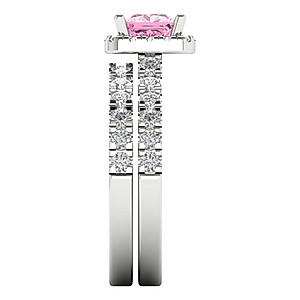 Clara Pucci 1.6ct Princess Cut Halo Solitaire Pink Simulated Diamond Engagement Promise Anniversary Bridal Ring Band set 14k White Gold 7