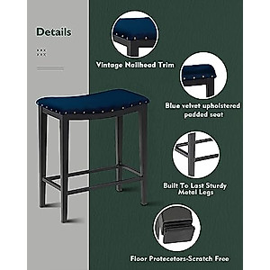 KATDANS Blue Bar Stools Set of 2 Counter Height 24 Inches Backless Barstools for Kitchen Counter Modern Saddle Stools Velvet Nailhead Upholstered Stools, KS718PBL, 2Pcs