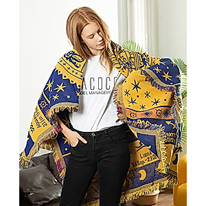 CUEERBOT Boho Throw Blanket,Hippie Room Decor Reversible Bohemian Cotton Blanket for Sofa Tapestry Carpet Bed Chair,Witchy Astrology Zodiac Celestial Constellation (Yellow, Small 51x71inch)