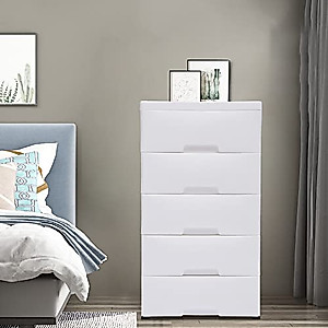 WOQLIBE Plastic Dressers,Storage Dresser with 5 Drawers,File Vertical Cabinet with Wheel Casters for Playroom Bedroom Hallway Entryway Furniture,17.72''D x 11.81''W x 33.07''H(White)