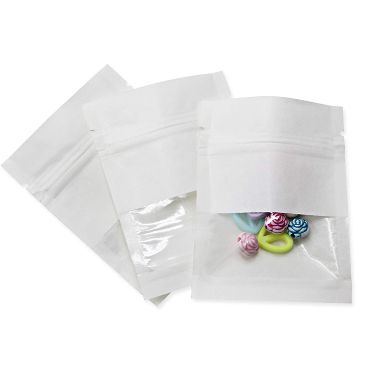 FERENLI 100Pcs Kraft Paper Window Bags Smell Proof Food Storage Pouch Flat for Zip Resealable Lock Candy Coffee Beans Packaging Bag with Tear Notches (7x9cm (2.8x3.5 inch), White)