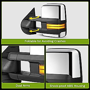 AUTOSAVER88 Towing Mirrors Compatible with 2007-2014 Chevy Silverado Tahoe Suburban, GMC Sierra Yukon, Switchback LED Tube Turn Signal Light Power Heated Telescoping Tow Mirrors Pair Set-Chrome