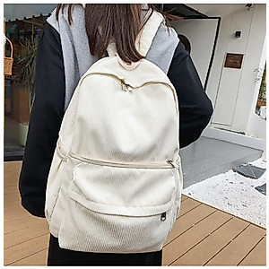 MININAI Preppy Corduroy Backpack Aesthetic Backpack 15.6 inch Laptop College Backpack Cute Book Bag Travel Rucksack Daypack (One Size,White)