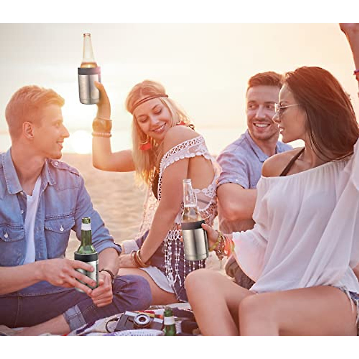 KelvZ Can Cooler Insulated Beer & Soda Can Cooler with 2 Foam Sleeves - Stainless Steel Can Cooler for Cold Drinks, 12 Oz Can Cooler & Beer Can Holder - Fits Standard 12oz Cans & Bottles - Black