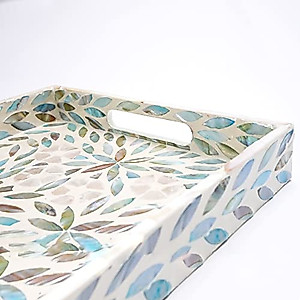 Handmade Serving Trays, Mother of Pearl Inlay Decorative Tray for Room Decor, Coffee Table Tray with Handles Set of 2 Length 16'' and 14'' Trays (TPSET-US)