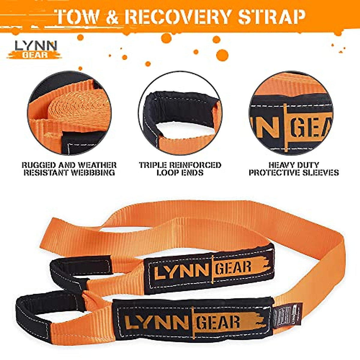 LYNN GEAR - 2PK Tow & Recovery Strap (32,000+ LB Break Strength) & D Ring Shackle Combo Kit | (1) 10' Strap, (1) 30' Strap, (2) Shackles & HD Tote | Vehicle Hauling, Offroad, Pickups & Trucks - Orange