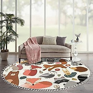 DNEWYNPABV Round Rugs Woodland Animals Cute Forest Design Elements Boho Area Rug Linen and Cotton Carpet Meditation Rug Washable Hallway Runner Mat Accent Rug for Bedroom Bathroom 6ft