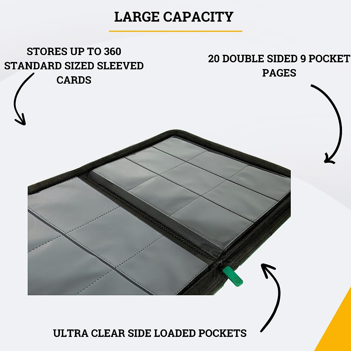 Card Guardian - 9 Pocket Premium Binder with Zipper for 360 Cards Trading Card Games TCG (Green) Side Loaded Pockets Compatible with Yugioh Cards MTG Binder Sports Card Binder