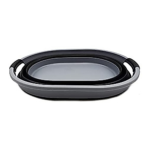 SAMMART 28L (7.4 gallon) Collapsible Plastic Laundry Basket-Oval Tub/Basket - Portable Washing Tub-Space Saving Laundry Hamper, Water capacity: 22L (5.8 gallon) (1, Dark Grey/Black)