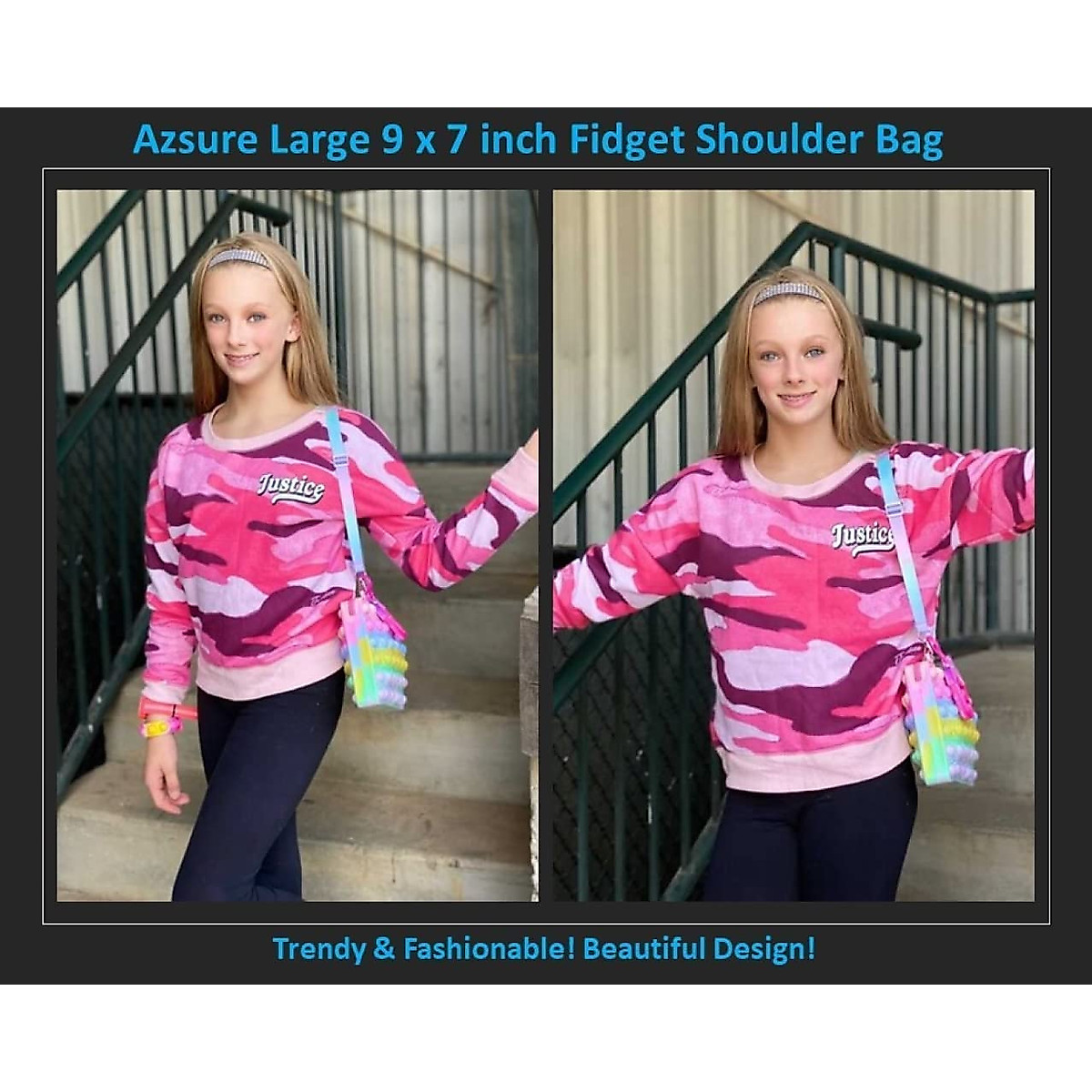 Azsure Large 9 x 7 inch Fidget Pop It Shoulder Crossbody Bag Colorful Pops Purse for Girls Women. Trendy & Fashionable Bubble Poppit Handbag Wallet. Beautiful Design with Candy Colors