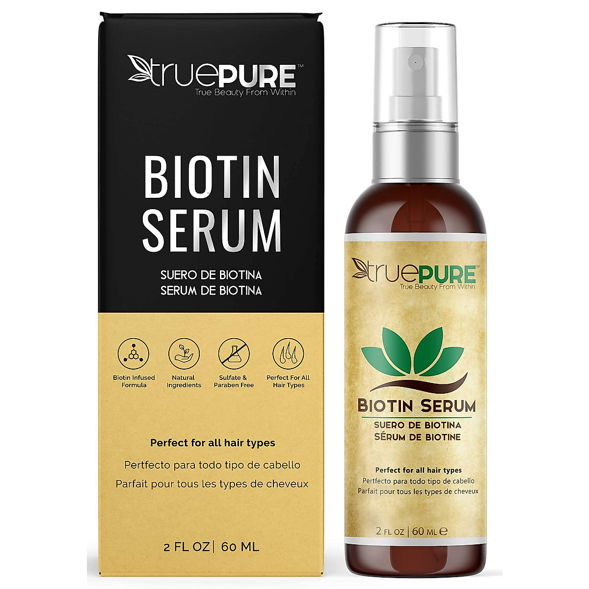 TruePure Hair Bundle - Caffeine Shampoo 8oz + Argan Oil Conditioner 8oz + Biotin Hair Growth Serum 2oz