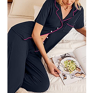 Ekouaer Womens 2-Piece Casual Button Down Nightwear Short Sleeve Pajama Set, Deep navy blue, Medium