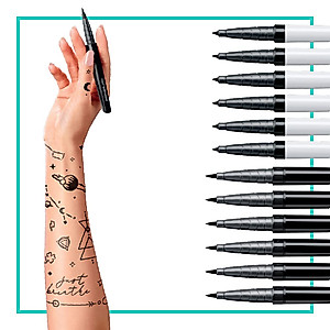 BODYMARK BIC Temporary Tattoo Markers for Skin, Black, Mixed Tip, 12-Count Pack, Skin-Safe, Cosmetic Quality