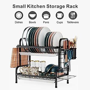 iSPECLE Dish Drying Rack - 2-Tier Dish Rack with Utensil Holder, Cutting Board Holder and Dish Drainer, Metal, for Kitchen Counter, Black