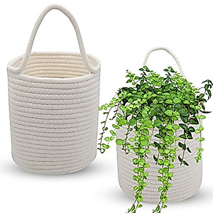 Storage Basket – Woven Basket 2 Pack – Cotton Blanket Baskets for Flowers, Plants, Keys, Sunglasses – Hanging Decorative Baskets with Choice of Rope or Leather Handles – Weaved Basket by Ecokai