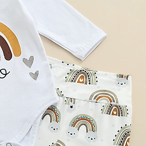 Newborn Baby Girl Rainbow Outfit Long Sleeve Romper Top + Rainbow Pants+ Headband 3Pcs Infant Fall Winter Clothes (White, 6-12 Months)