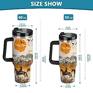 Flradish 40oz Tumbler with Handle, Vintage Western Cowboy Stainless Steel Tumbler with Lid and Straws Double Wall Vacuum Insulated Leakproof Coffee Travel Mug