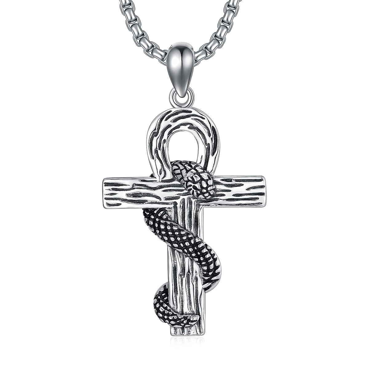 PDTJMTG Ankh Necklace Sterling Silver Egyptian Ankh Snake Cross Pendant with Stainless Steel Chain Gift for Men Women