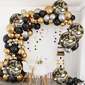 KatchOn, Black and Gold Marble Balloons - 22 Inch, Pack of 6 | Round 4D Marble Black and Gold Balloons, Gold and Black Balloons | Black Agate Balloons | Halloween Balloons for Halloween Decorations