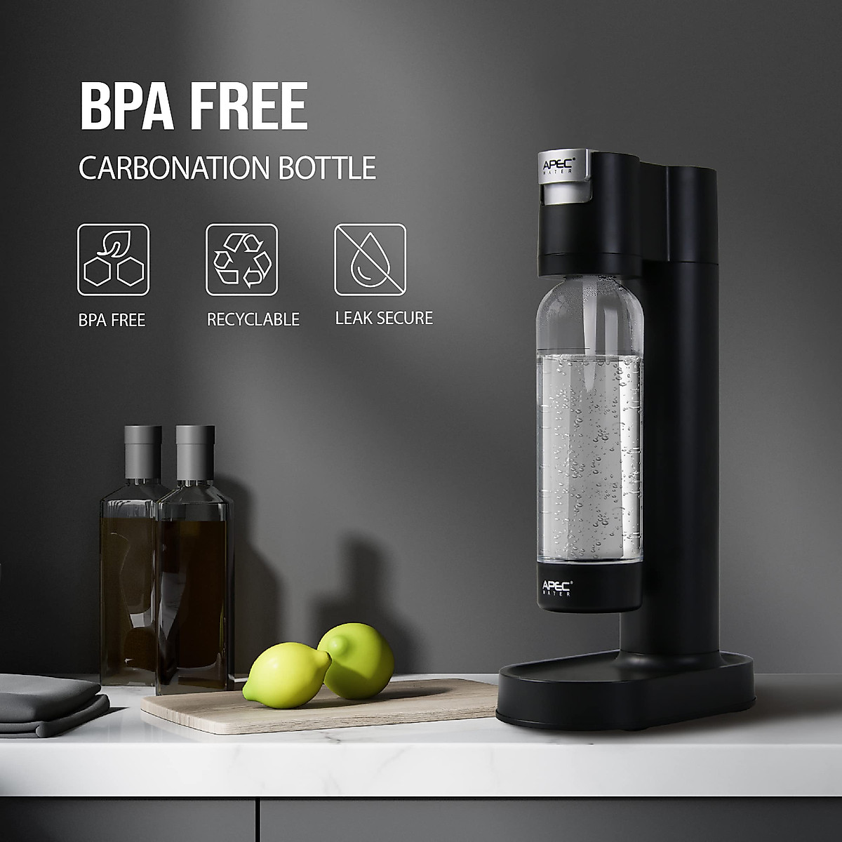 APEC Sparkle Home Soda Maker - Quickly Carbonates Water to Make Any Drink Fizz Into Bubbly Soda/Water, Premium 0.8L PET Bottle (CO2 Cylinder NOT Included)