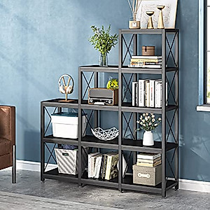 Tribesigns 12 Shelves Bookshelf, Industrial Ladder Corner Bookshelf 9 Cubes Stepped Etagere Bookcase, Rustic 5-Tier Display Shelf Storage Organizer for Home Office (Black)