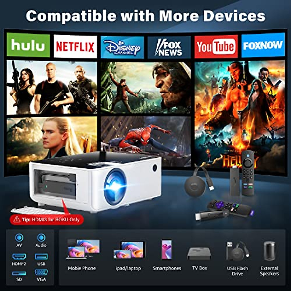 Native 1080P Bluetooth Projector - BIGASUO 250" Outdoor Movie Projector with Screen, Full HD Portable Home Theater Video Projector Compatible with HDMI, VGA, USB, Laptop, iOS and Android Smartphones