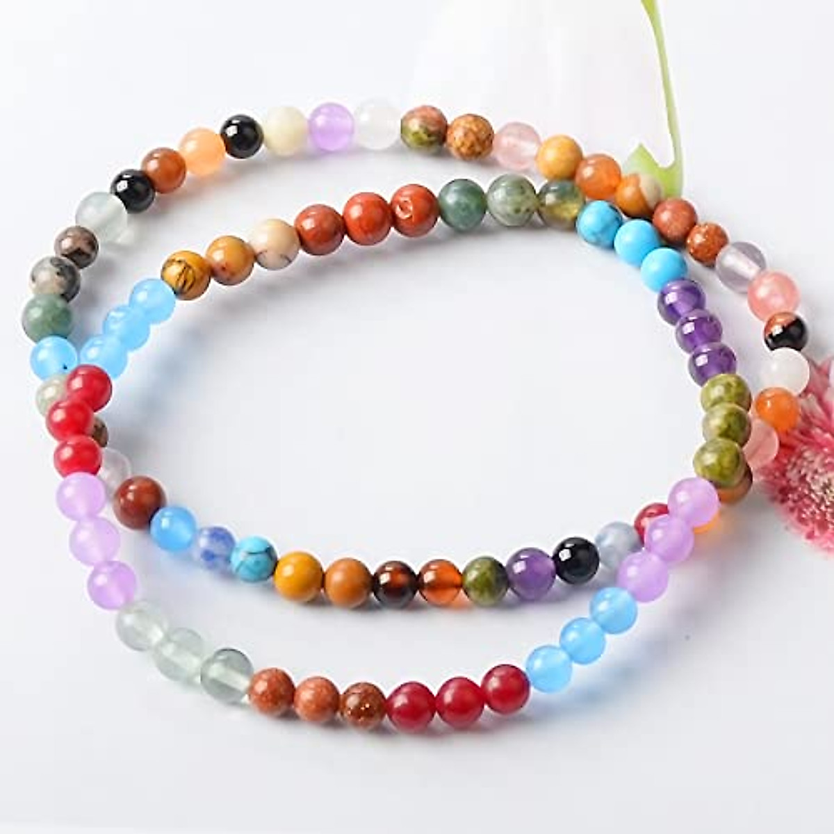 4mm Natural Mixed Materials Gemstones Beads Tiny Spacer Round Loose Beads Jewelry Making KIT with Thread and Needles 600 PCS(24 Natural, 4mm)