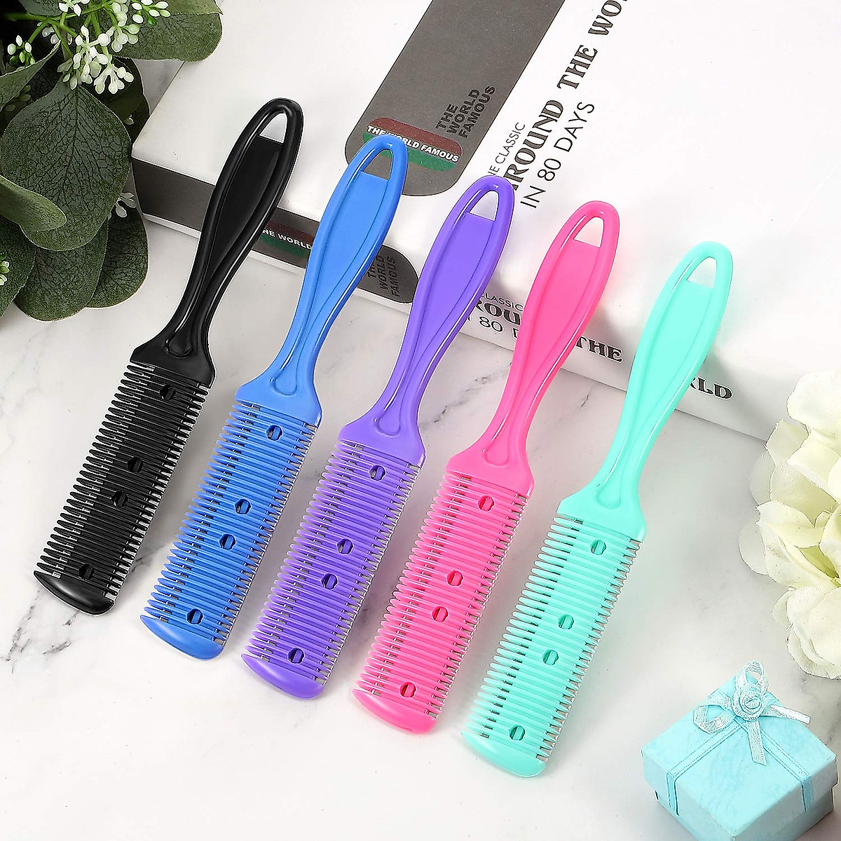 5 Pieces Razor Comb with 20 Pieces Razors, Hair Cutter Comb Dual Side Cutting Scissors Hair Thinning Comb Double Edge Hair Razor Comb Slim Haircuts Cutting Tool (5 Colors)