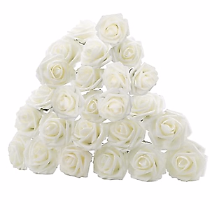 MEOKEY 25pcs Artificial Rose Flowers, Ivory Foam Fake Roses with Stems for DIY Wedding Bouquets White Bridal Shower Centerpieces Arrangements Party Tables Decorations