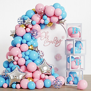 RUBFAC 150pcs Baby Boxes Blue and Pink Balloons Arch, Garland Gender Reveal Decorations Kit, 4pcs Baby Boxes with Letters for Baby Shower Birthday Boy or Girl Baby Party Supplies