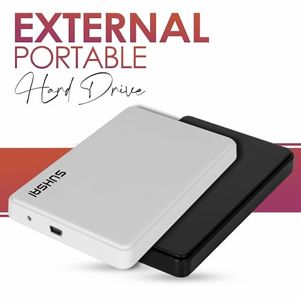 SUHSAI Portable 1TB External Hard Drive, HDD Backup Storage with USB 2.0 Fast Data Transfer, Ultra Slim & Light Hard Disk 2.5” Compatible with PC, Mac, Window, Laptop, and Desktop (White)